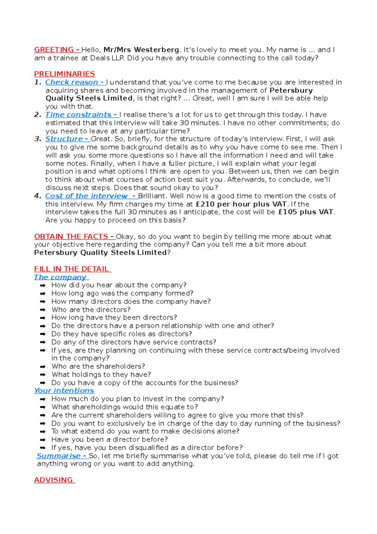 Interview Draft - Mock - 2 pages - GREETING - Hello, Mr/Mrs Westerberg ...