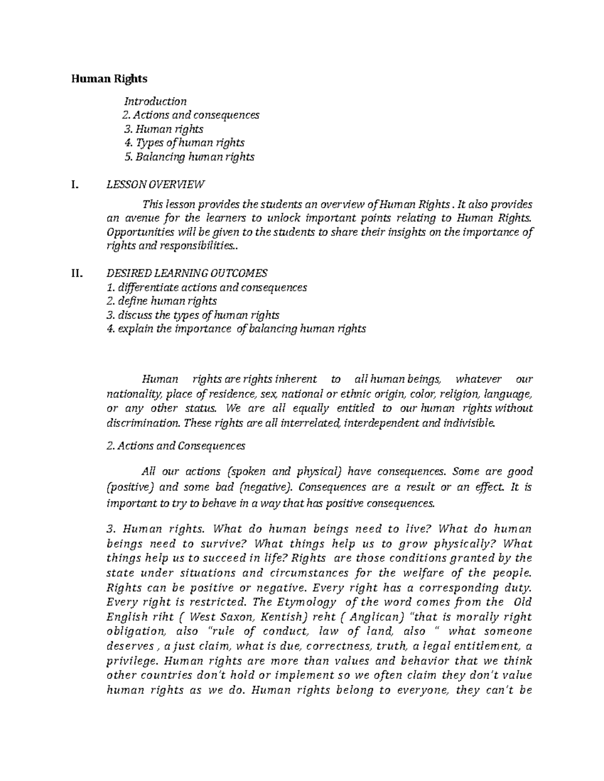 Human Rights - Human Rights Introduction 2. Actions and consequences 3 ...