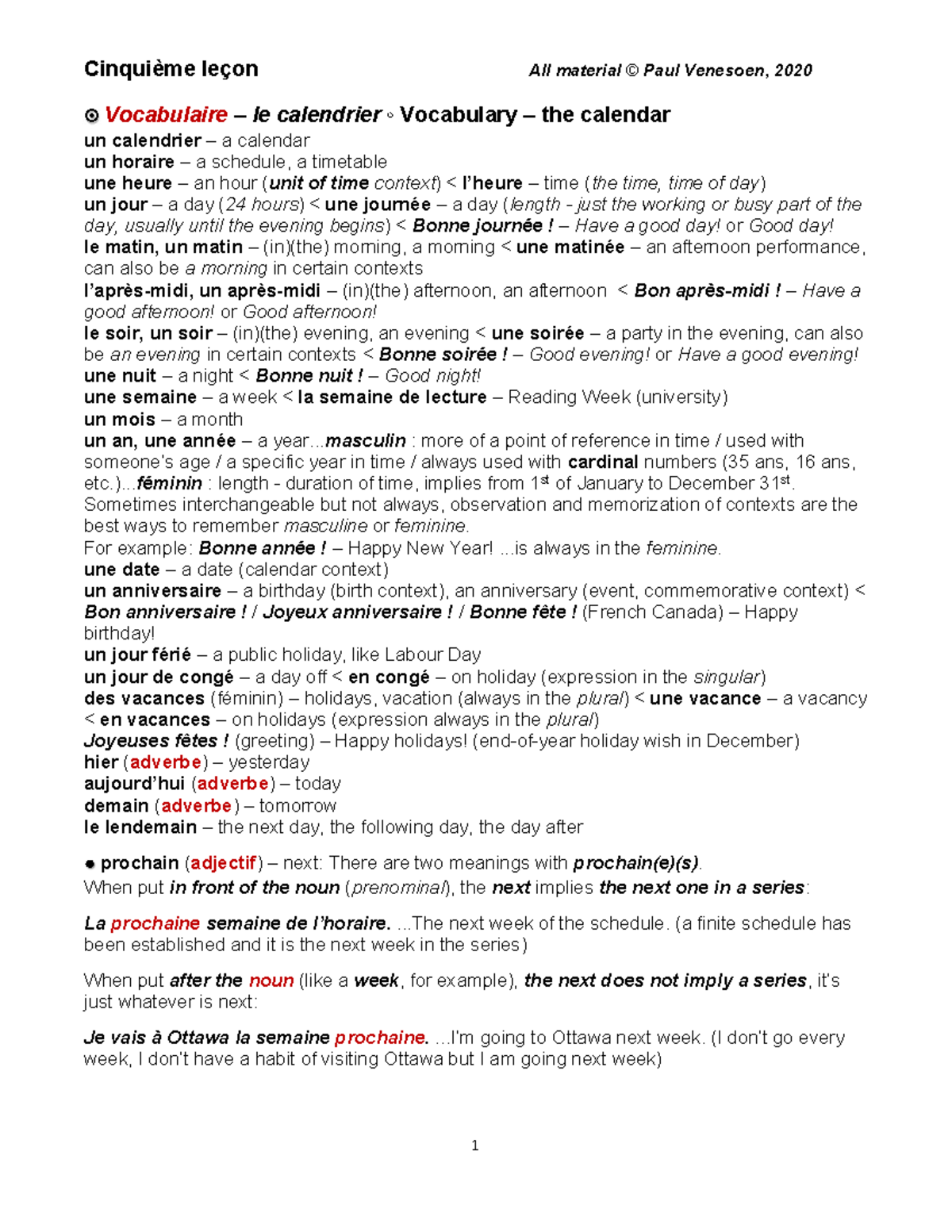 5 Cinquième leçon - notes - Vocabulaire – le calendrier Vocabulary ...