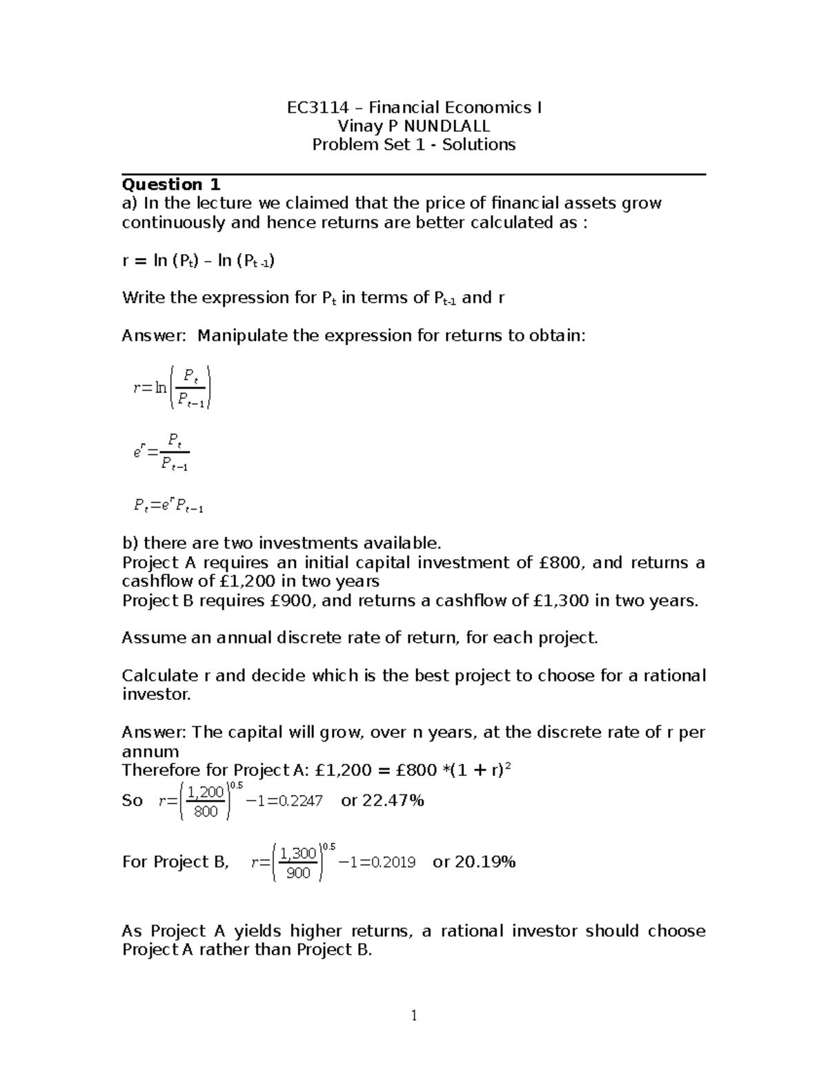 Financial Economics I Problem Set Solutions - Studocu