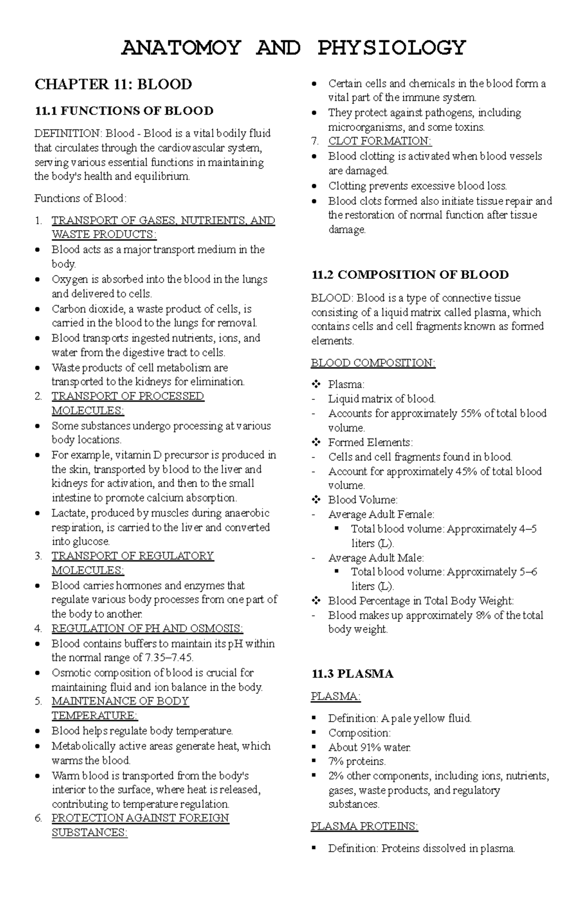 Chapter 11 Anaphy transes - CHAPTER 11: BLOOD 11 FUNCTIONS OF BLOOD ...