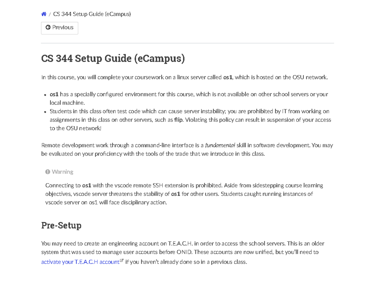 CS 344 Setup Guide (e Campus) — CS 374 - Operating Systems documentation - Previous / CS 344 ...