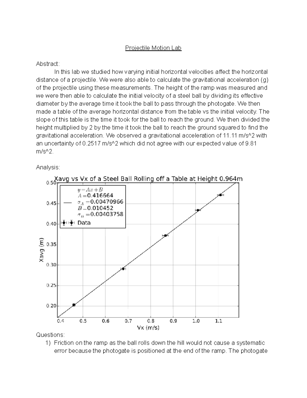 PHY 121 Projectile motion lab. Initial velocity of a steel ball rolling ...