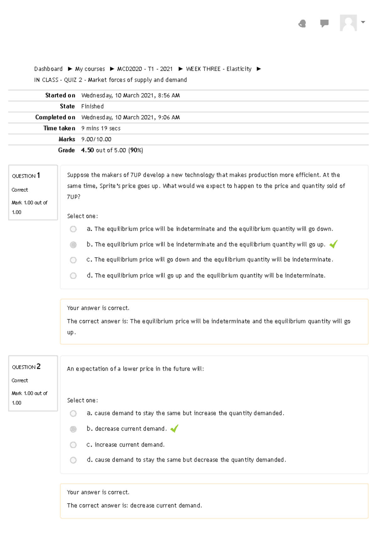 IN Class - QUIZ 2 - Market forces of supply and demand - Dashboard My ...