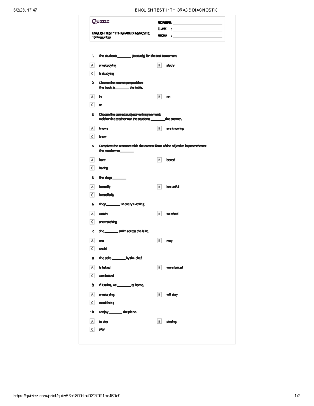 English TEST 11TH Grade Diagnostic - 6/2/23, 17:47 ENGLISH TEST 11TH ...