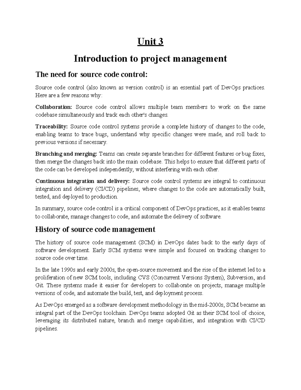 Introduction to project management: The need for source code control, The history of so - Unit 3 ...