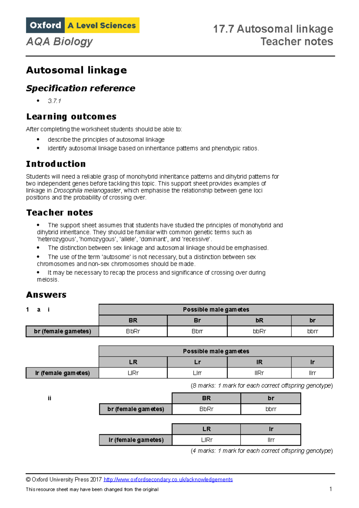 Autosomal Linkage sheet MS 1 - 17 Autosomal linkage AQA Biology Teacher ...