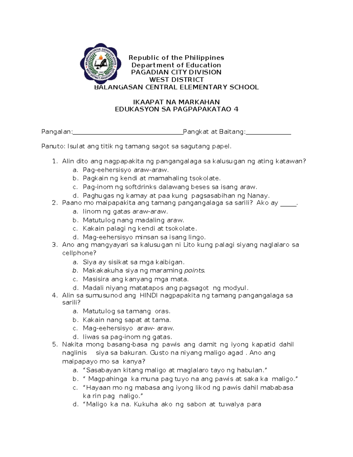 ESP4 Quarter 4 EXAM - esp note - Republic of the Philippines Department ...