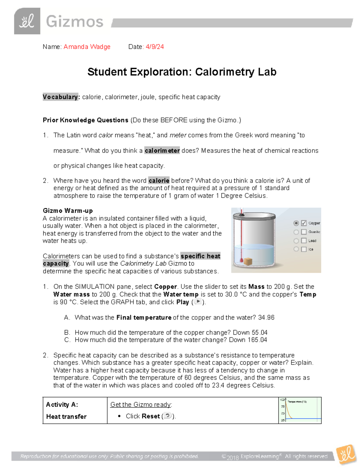 Calorimetry Lab SE - Physics work - Name: Amanda Wadge Date: 4/9 ...