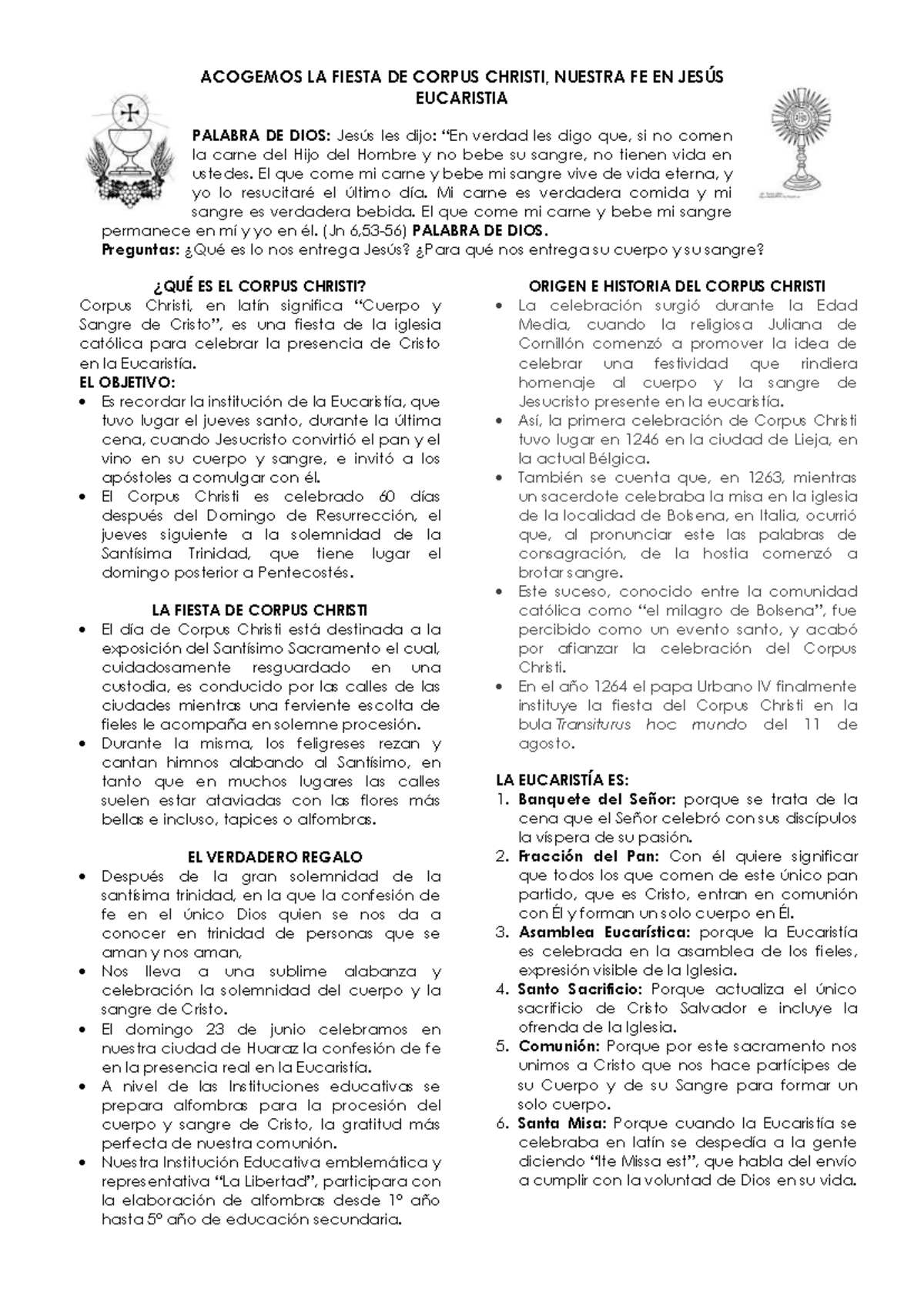 Corpus Crhisti- Ficha - TEMAS CAPACITACION - ACOGEMOS LA FIESTA DE CORPUS CHRISTI, NUESTRA FE EN ...