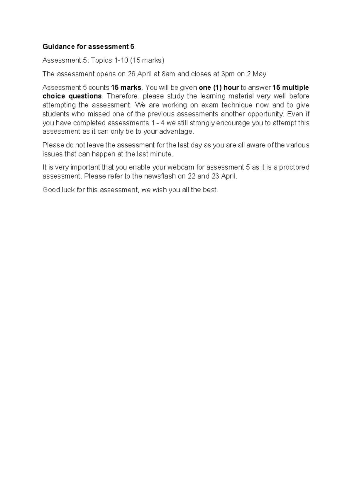 Guidance assessment 5 - Guidance for assessment 5 Assessment 5: Topics ...