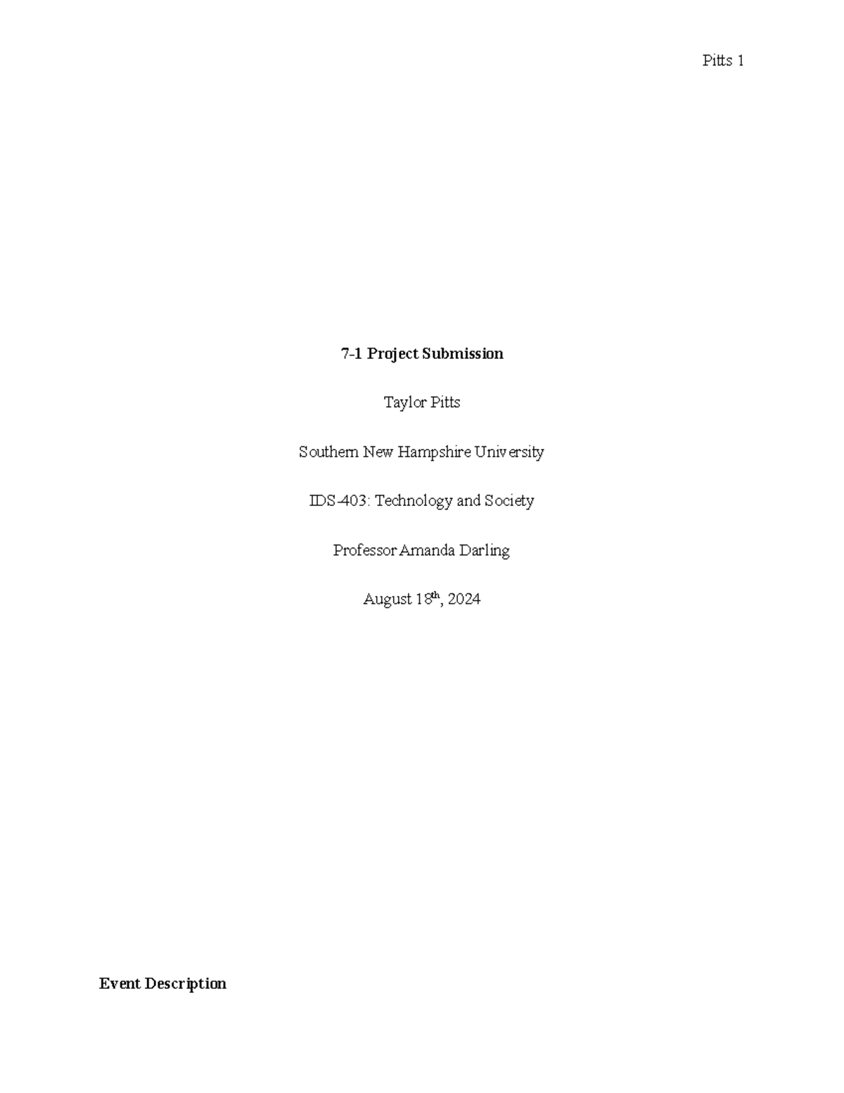 7-1 Final Project - 7-1 Project Submission Taylor Pitts Southern New ...