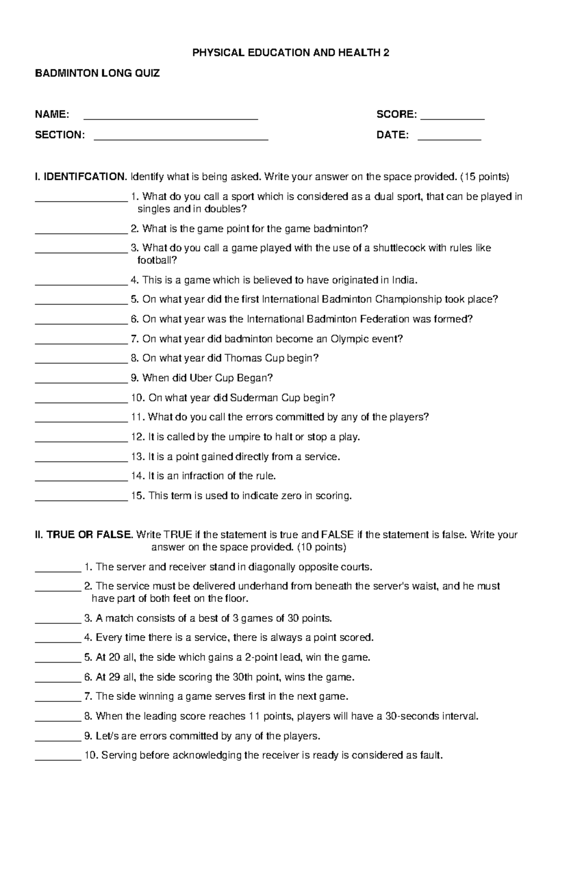 Badminton-LONG-QUIZ - Badminton Quiz - PHYSICAL EDUCATION AND HEALTH 2 ...