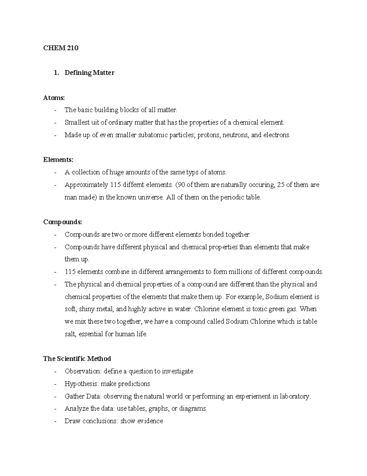 CHEM Note - Summary General Chemistry I - CHEM 210 Defining Matter ...
