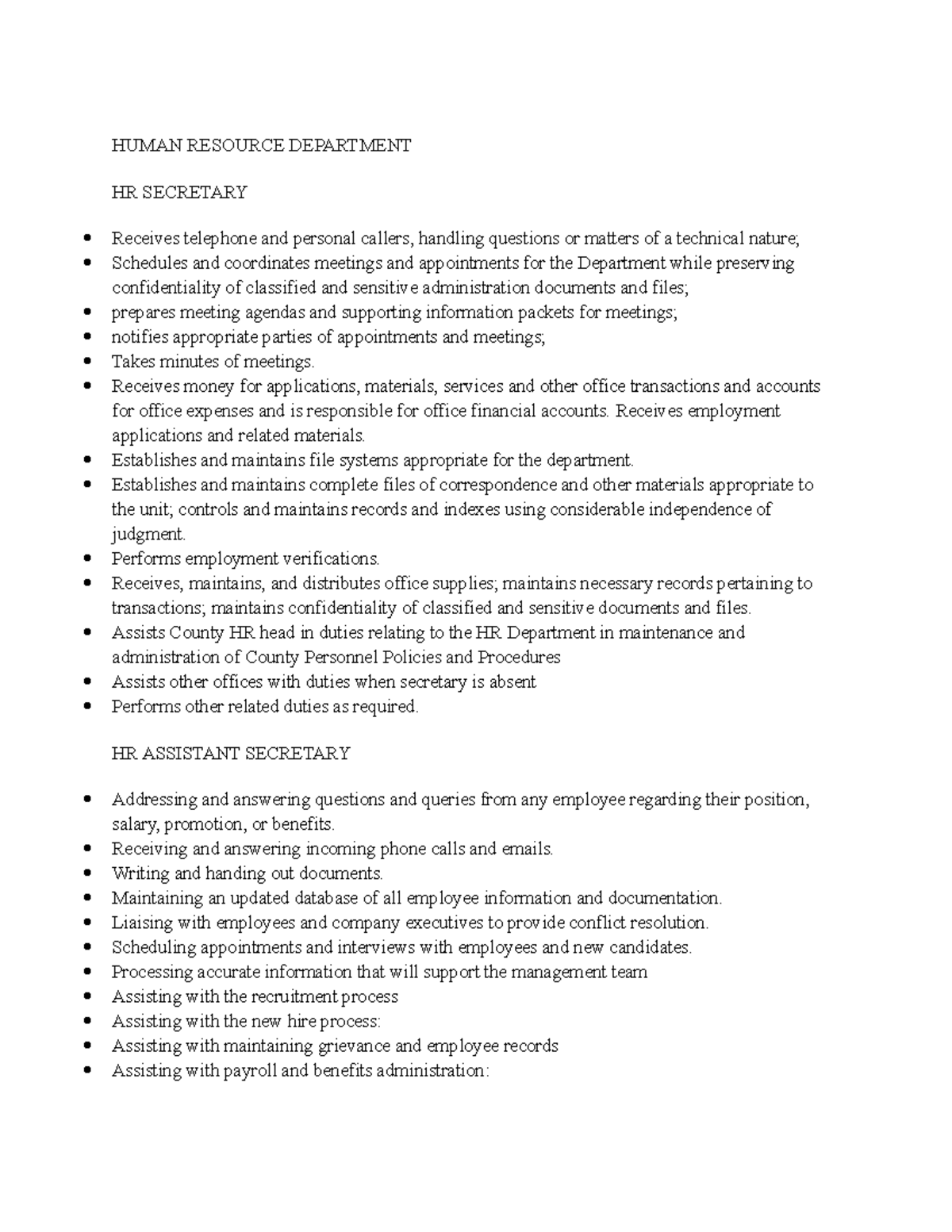 Duties - Responsibilities - HUMAN RESOURCE DEPARTMENT HR SECRETARY ...