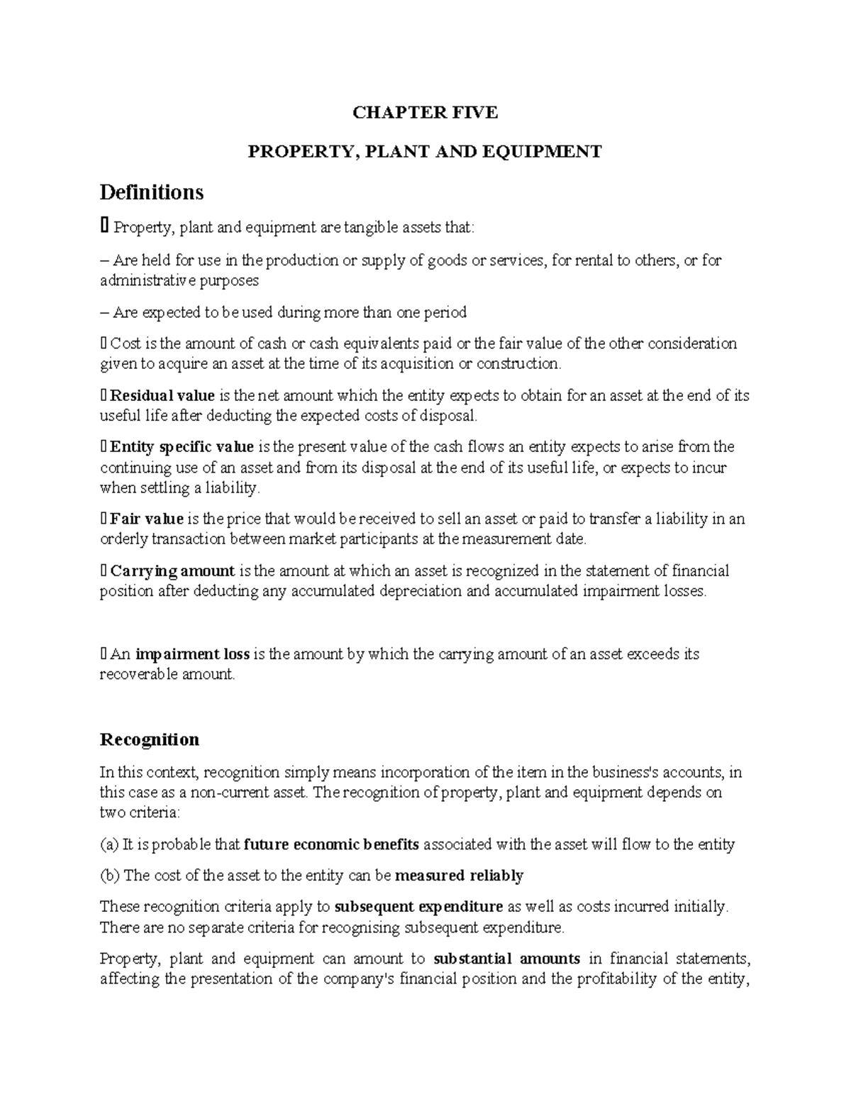 Chapter Five - CHAPTER FIVE PROPERTY, PLANT AND EQUIPMENT Definitions ...