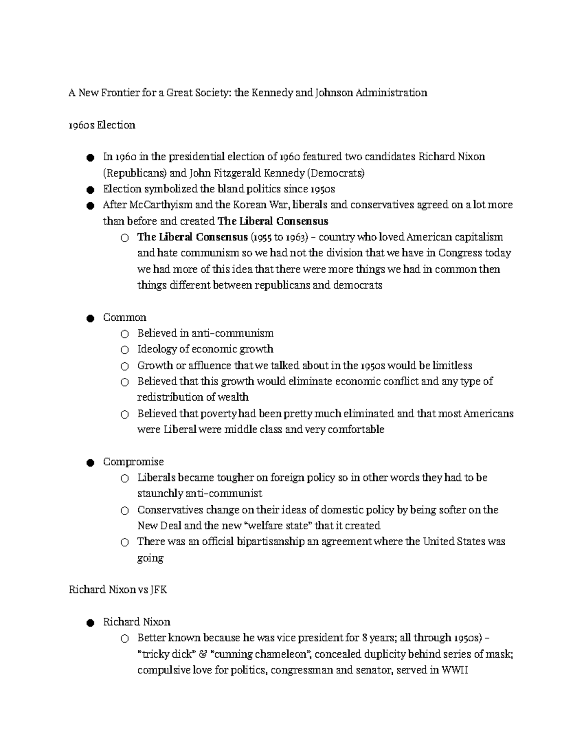 Lecture notes for quiz 5 - A New Frontier for a Great Society: the ...
