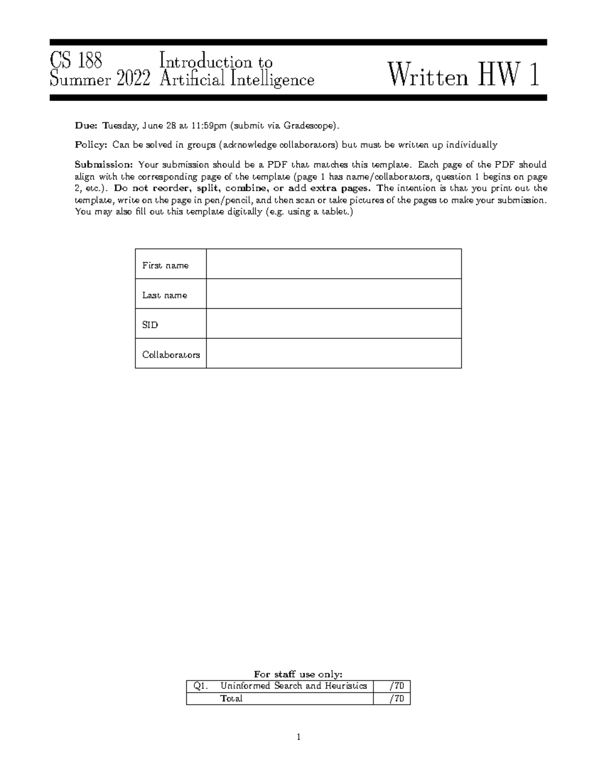 solution to course on machine learning - CS 188 Summer 2022 ...