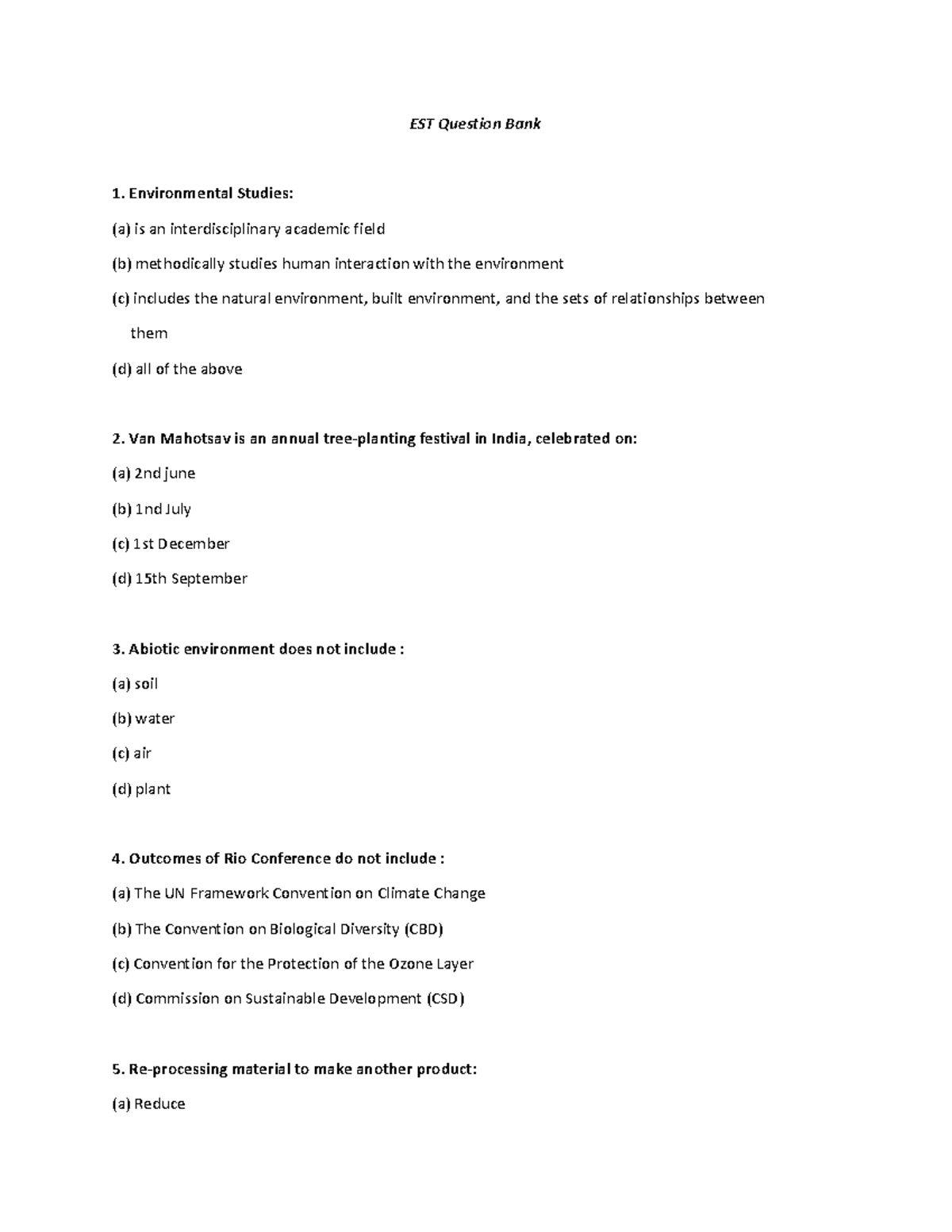 EST UT-1 - est - EST Question Bank Environmental Studies: (a) is an ...