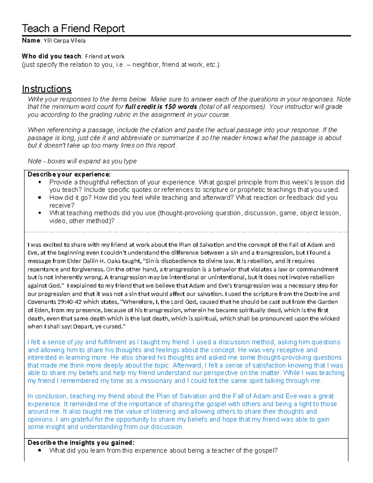 Teach A Friend 1 - Teach a Friend Report Name: Yill Cerpa Vilela Who ...