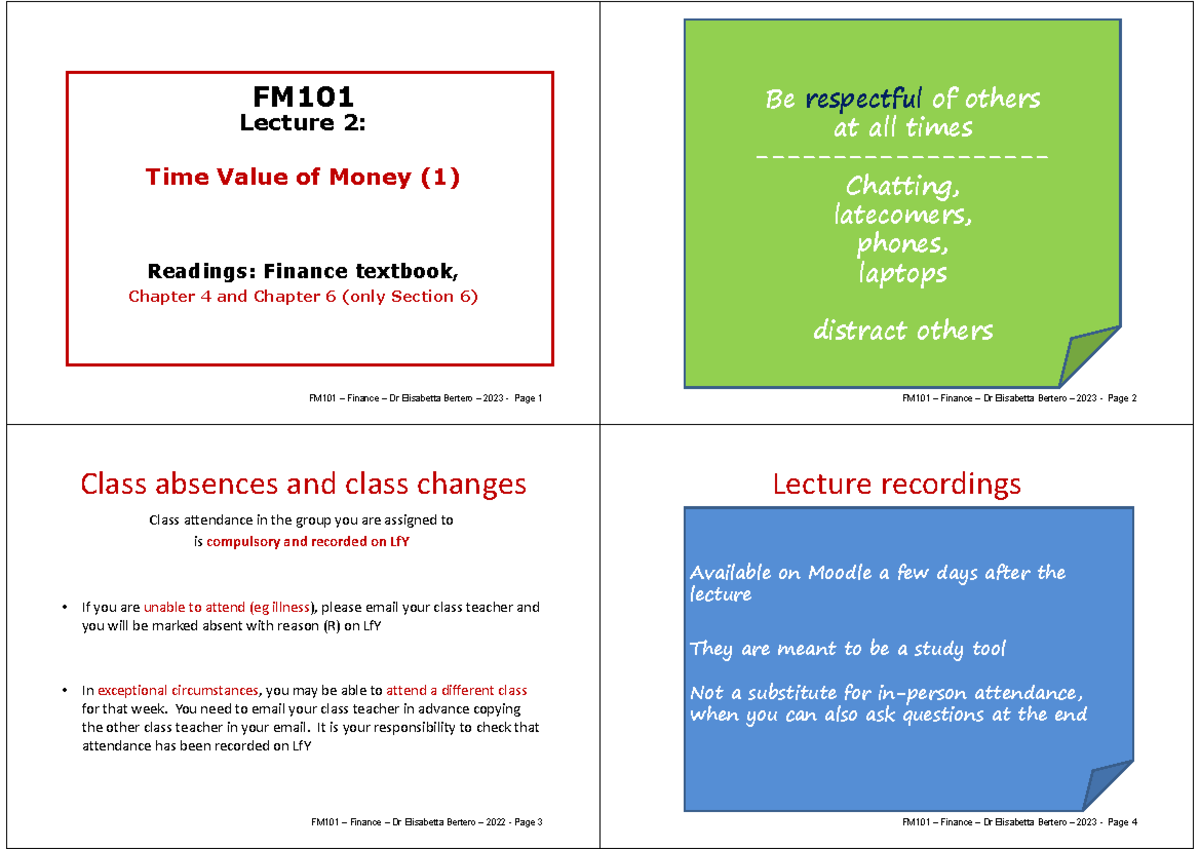 2023 FM101 Lecture 2 for stud - FM Lecture 2: Time Value of Money (1) Readings: Finance textbook ...