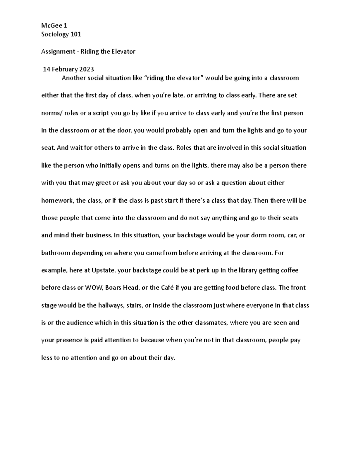 Assignment - Riding the Elevator - There are set norms/ roles or a ...