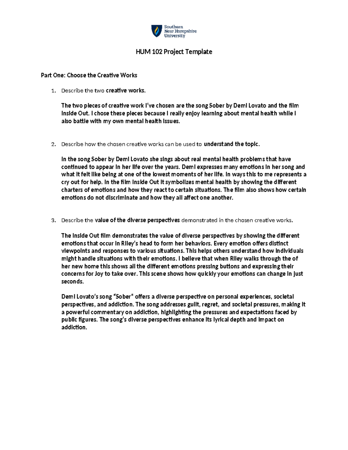 HUM 102 Project Completed - HUM 102 Project Template Part One: Choose ...