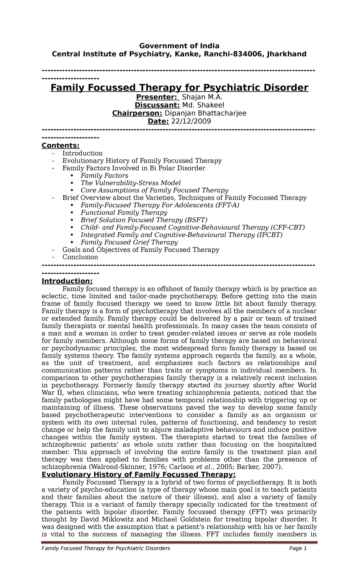 Family Therapy 1 Seminar Paper - Government of India Central Institute ...