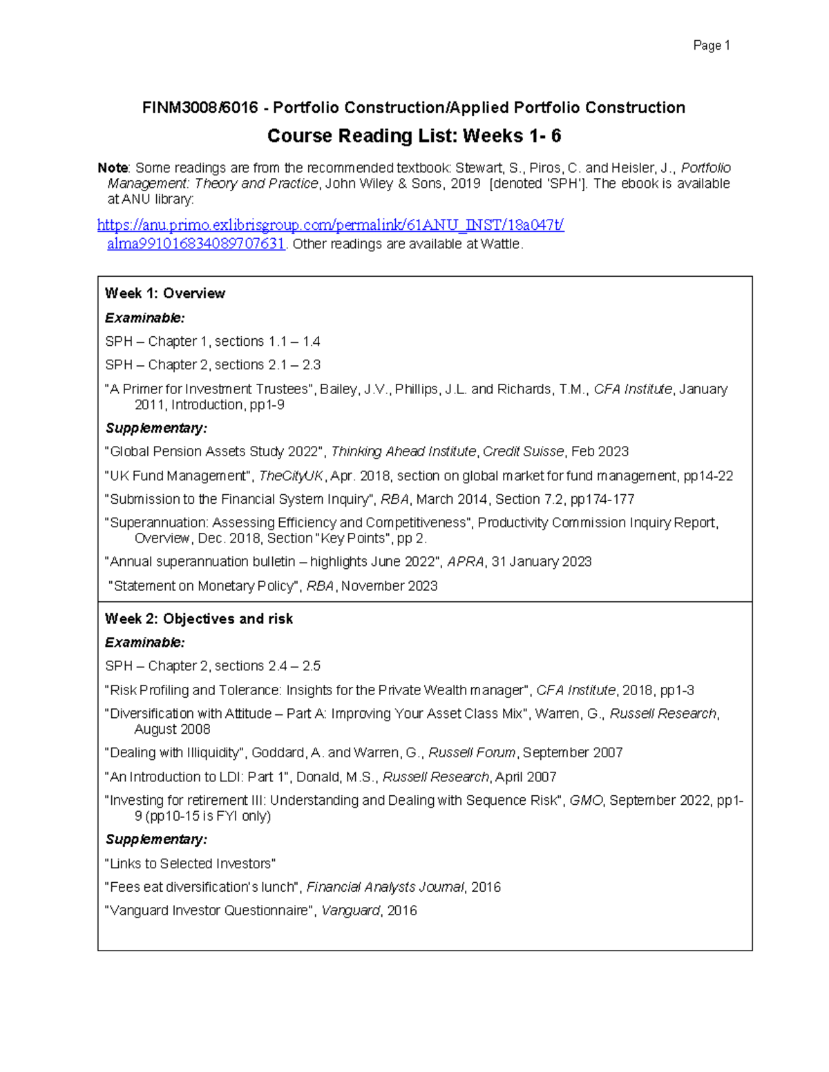 FINM3008 6016 - Reading List - Sem 1, 2024 (Weeks 1-6) - Page 1 ...
