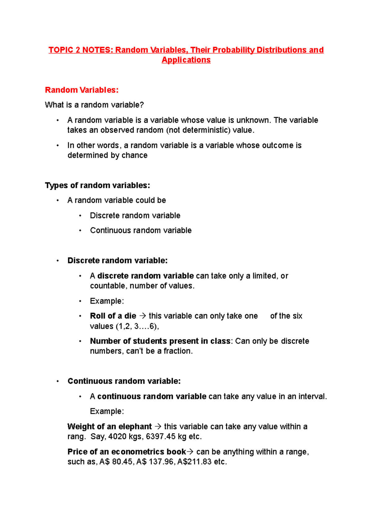 Topic 2 Notes Random Variables Topic 2 Notes Random Variables Their