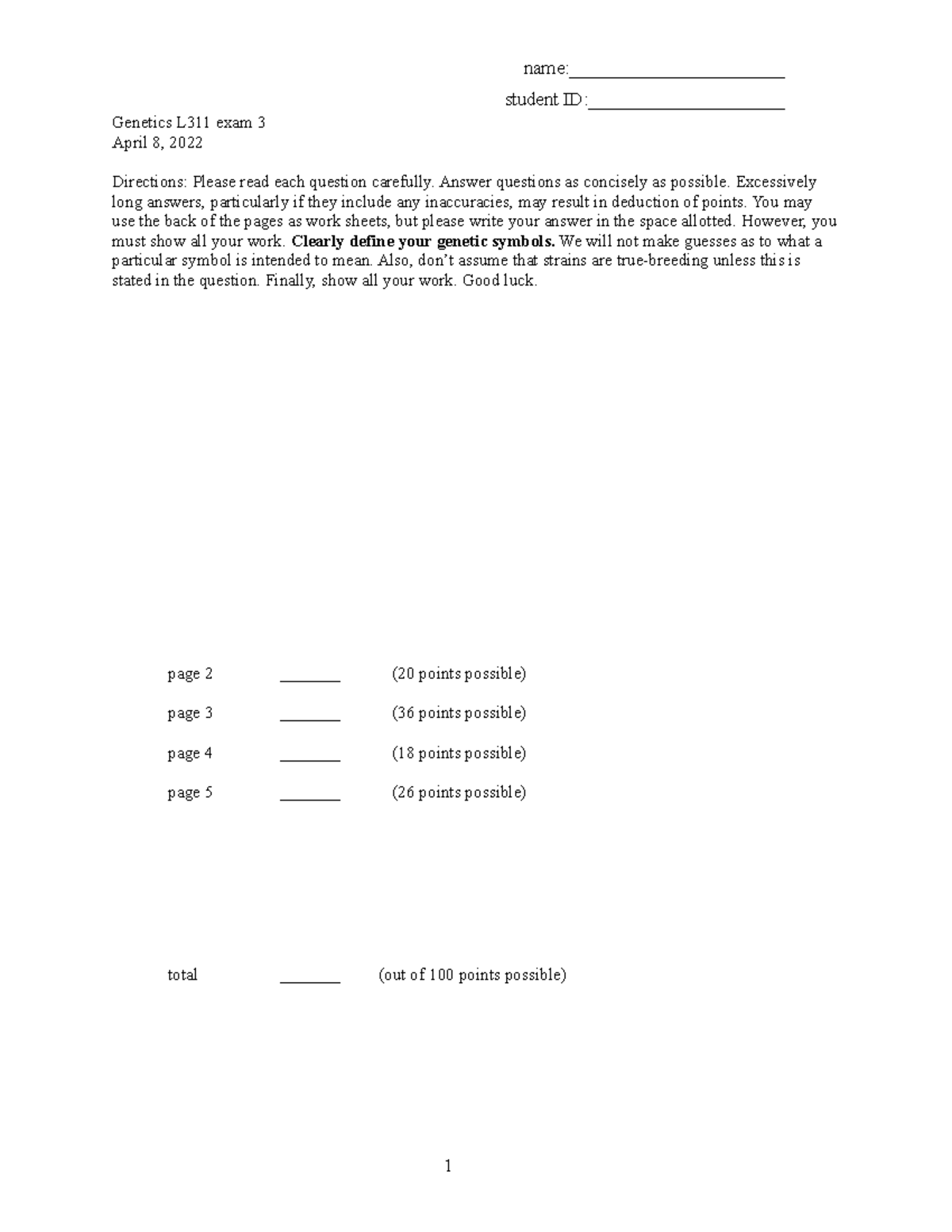 Genetics-exam3 - old genetics exam 3 key practice materials - student ...