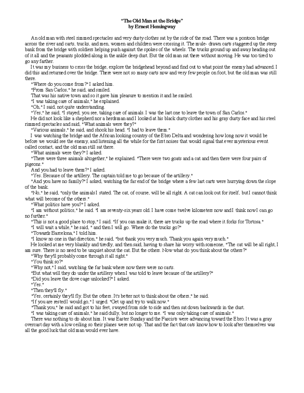 The Old Man at the Bridge - “The Old Man at the Bridge” by Ernest ...