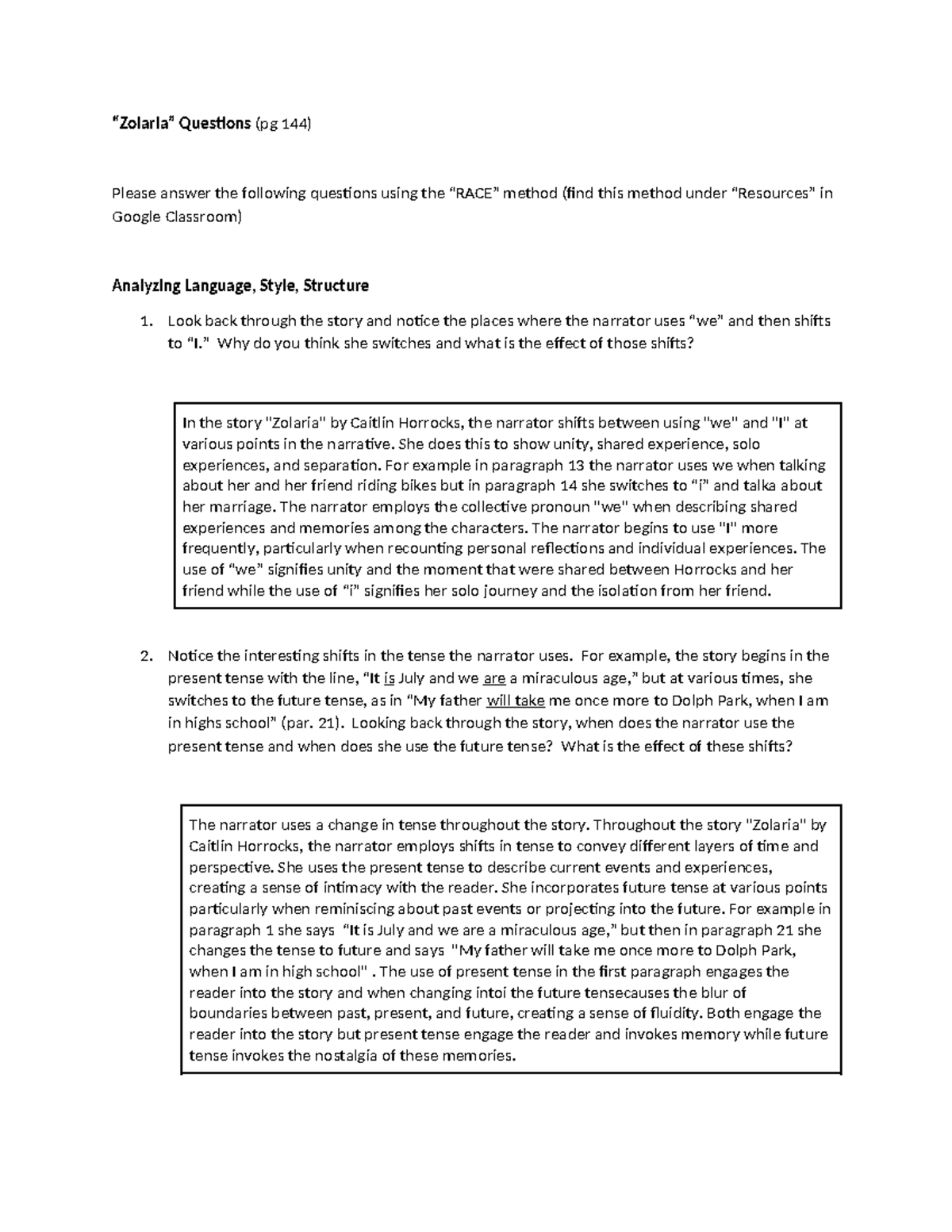 Online Zolaria Questions - “Zolaria” Questions (pg 144) Please answer ...