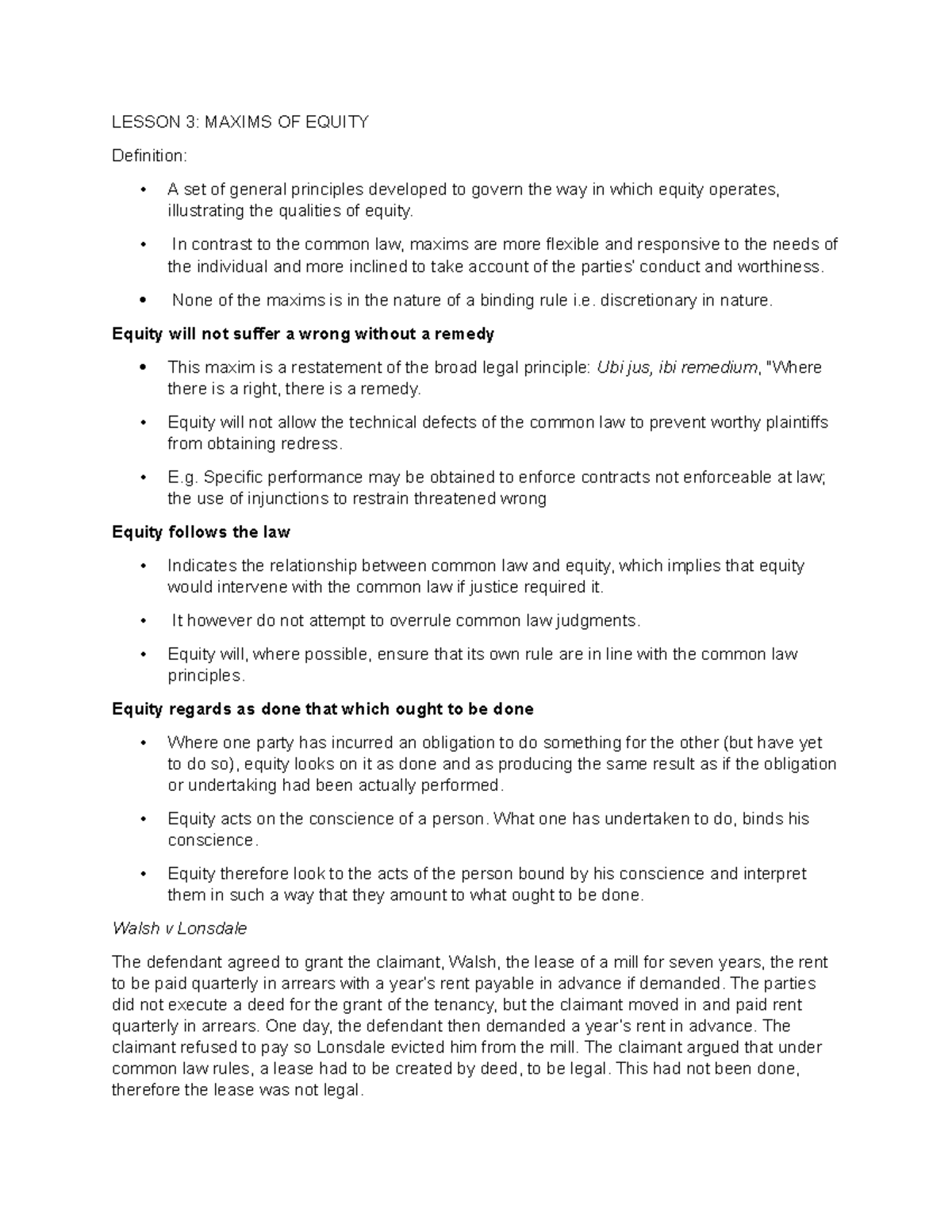 3 Maxims of Equity - Lecture notes 3 - LESSON 3: MAXIMS OF EQUITY ...
