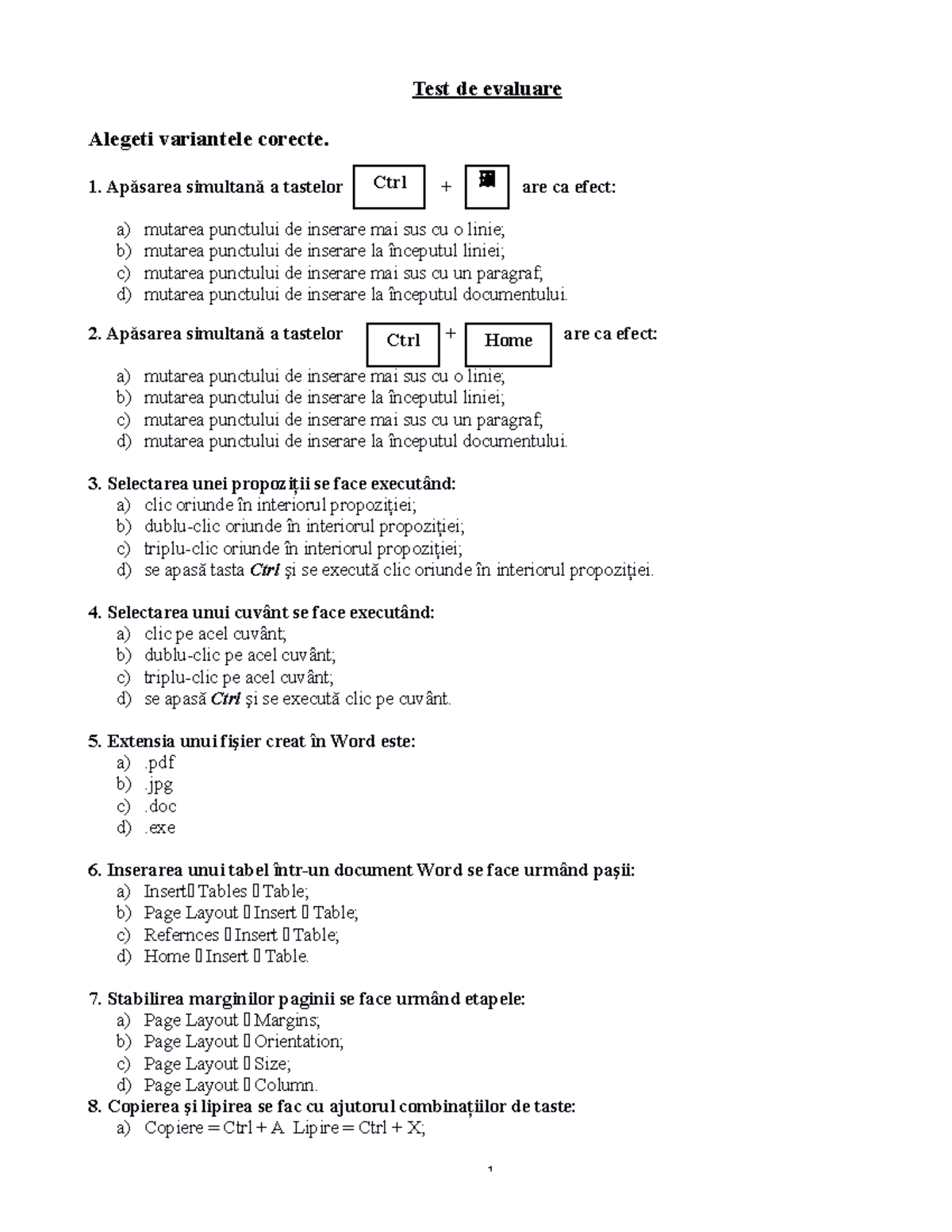 175730510 Test Grila Word - Test de evaluare Alegeti variantele corecte ...