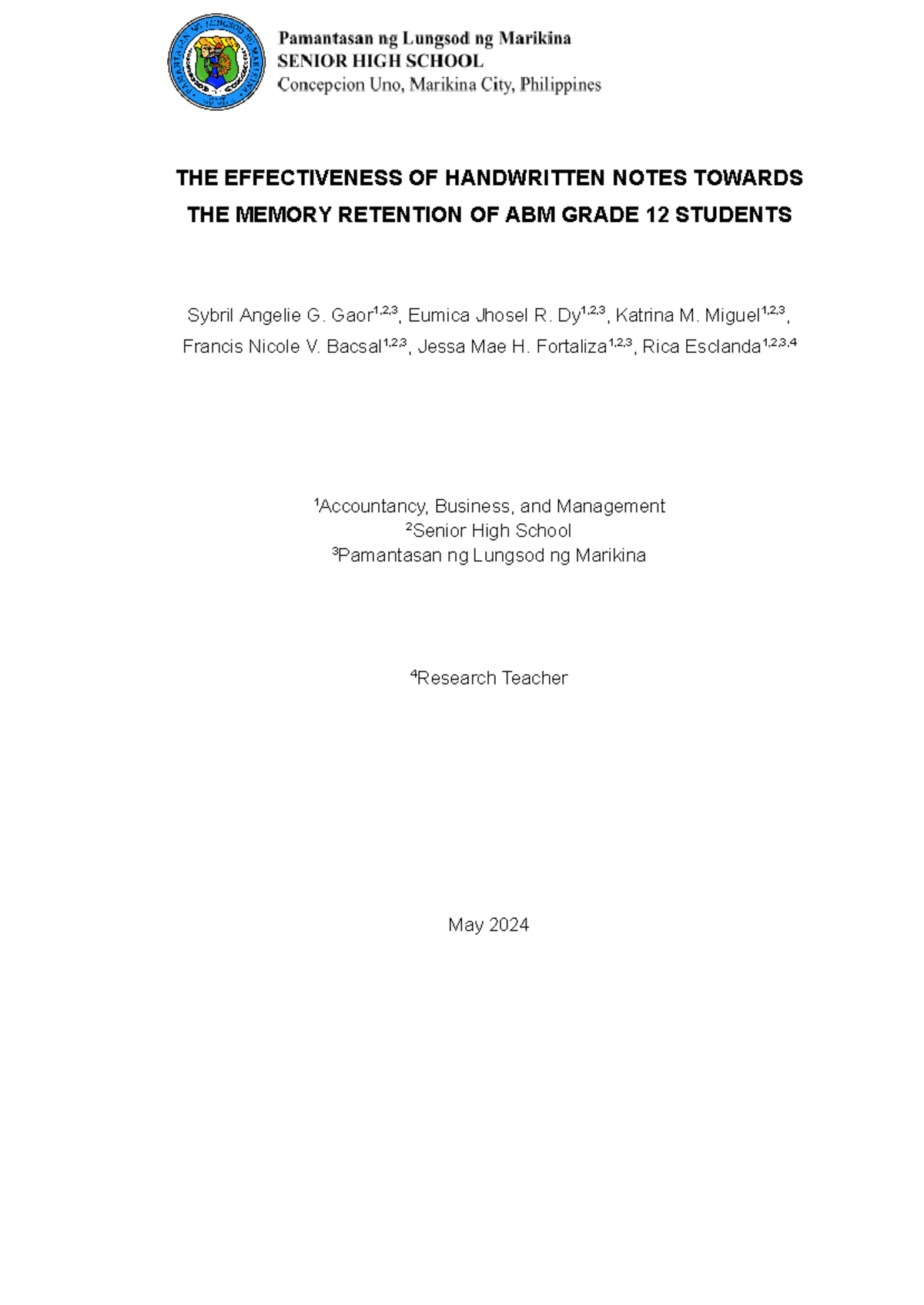 Final-Paper - THE EFFECTIVENESS OF HANDWRITTEN NOTES TOWARDS THE MEMORY ...
