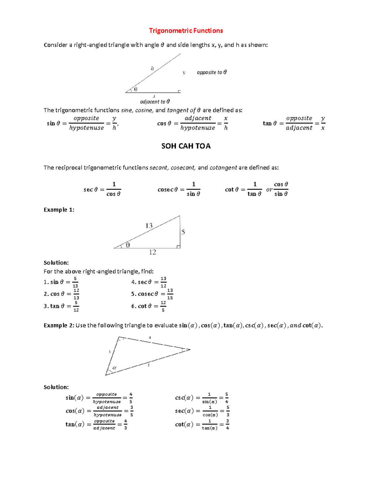 Trigonometric Functions - sec 𝜃 = 1312 cos 𝜃 = 1213 5. cosec 𝜃 = 1315 ...