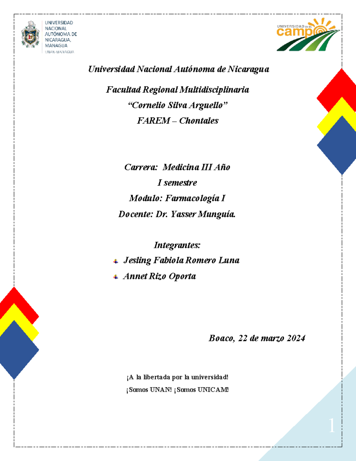 BOA 2 Farmacologia I Jesling y Anet - Universidad Nacional Autónoma de Nicaragua Facultad ...