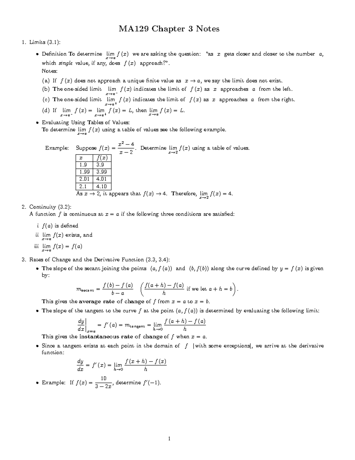 129 Extra Notes - MA129 Chapter 3 Notes Limits (3): Definition To ...