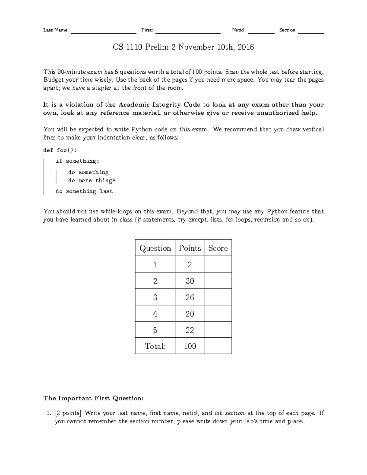 2016 fall prelim 2 answers - CS 1110 Prelim 2 November 10th, 2016 This ...