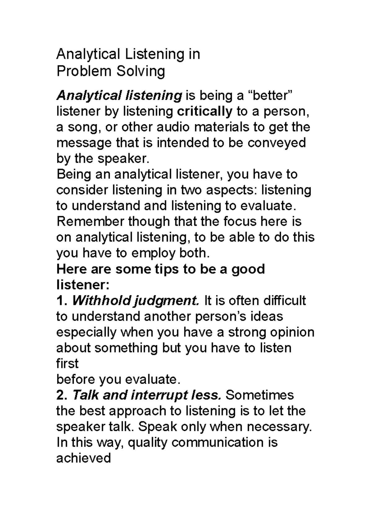 Analytical Listening In Problem Solving Analytical Listening In