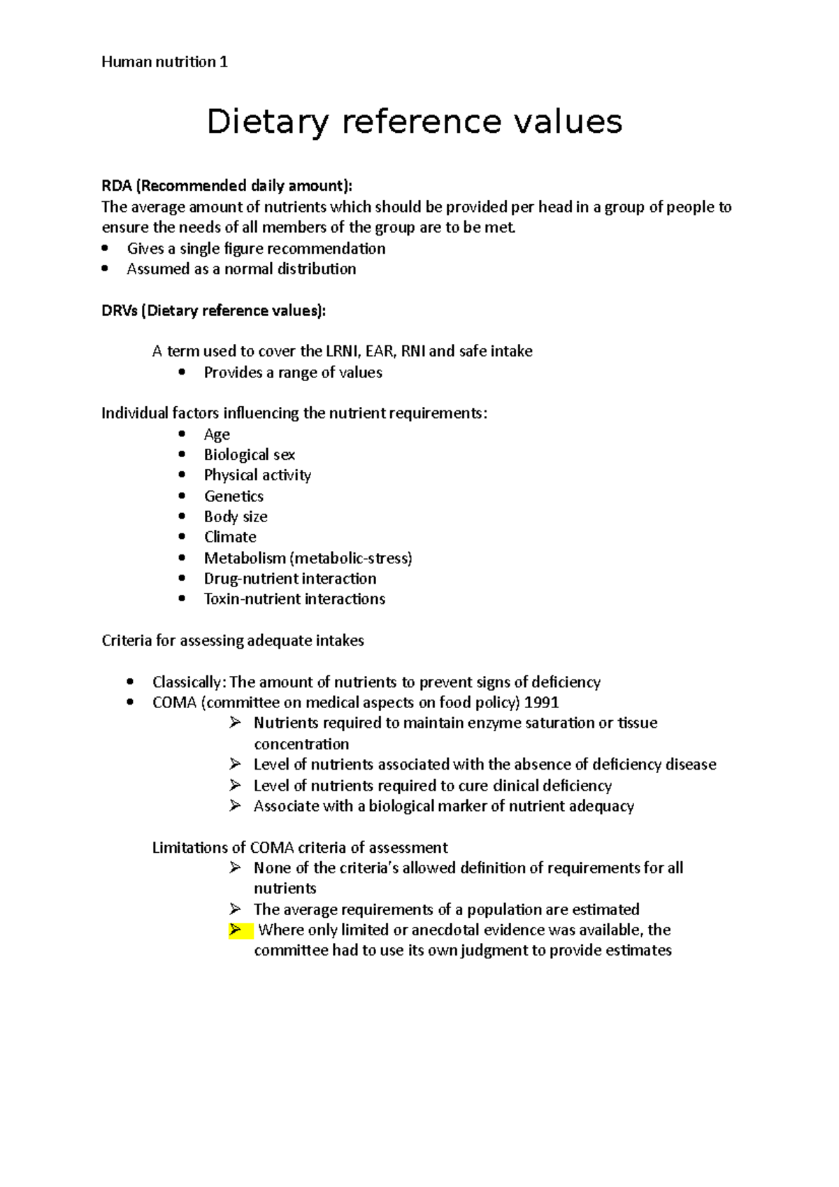 Human nutrition 1-Dietary reference values - Gives a single figure ...
