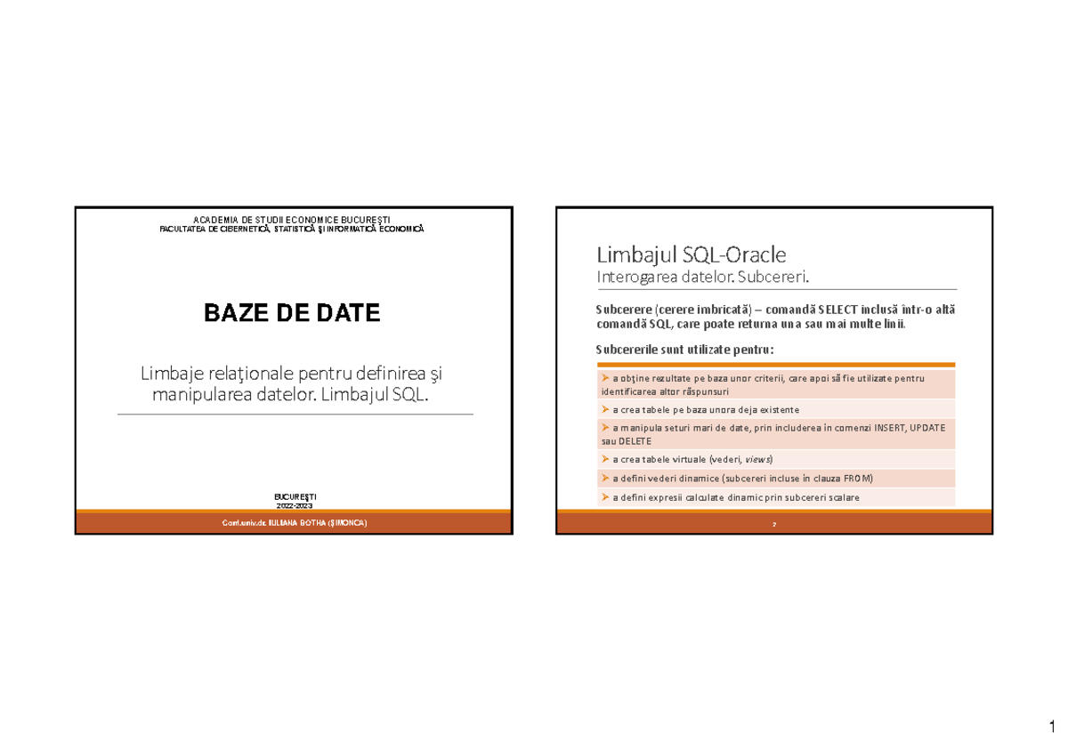 Curs 9 - BD - curs 9 bd - Limbaje relaţionale pentru definirea şi manipularea datelor. Limbajul ...