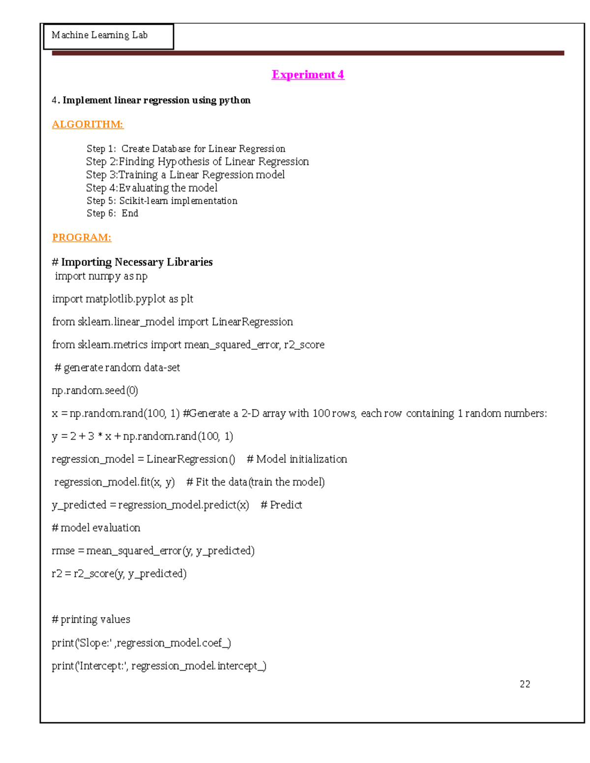 Linear Regression Machine Learning 22 Machine Learning Lab Experiment 4 4 Implement Linear