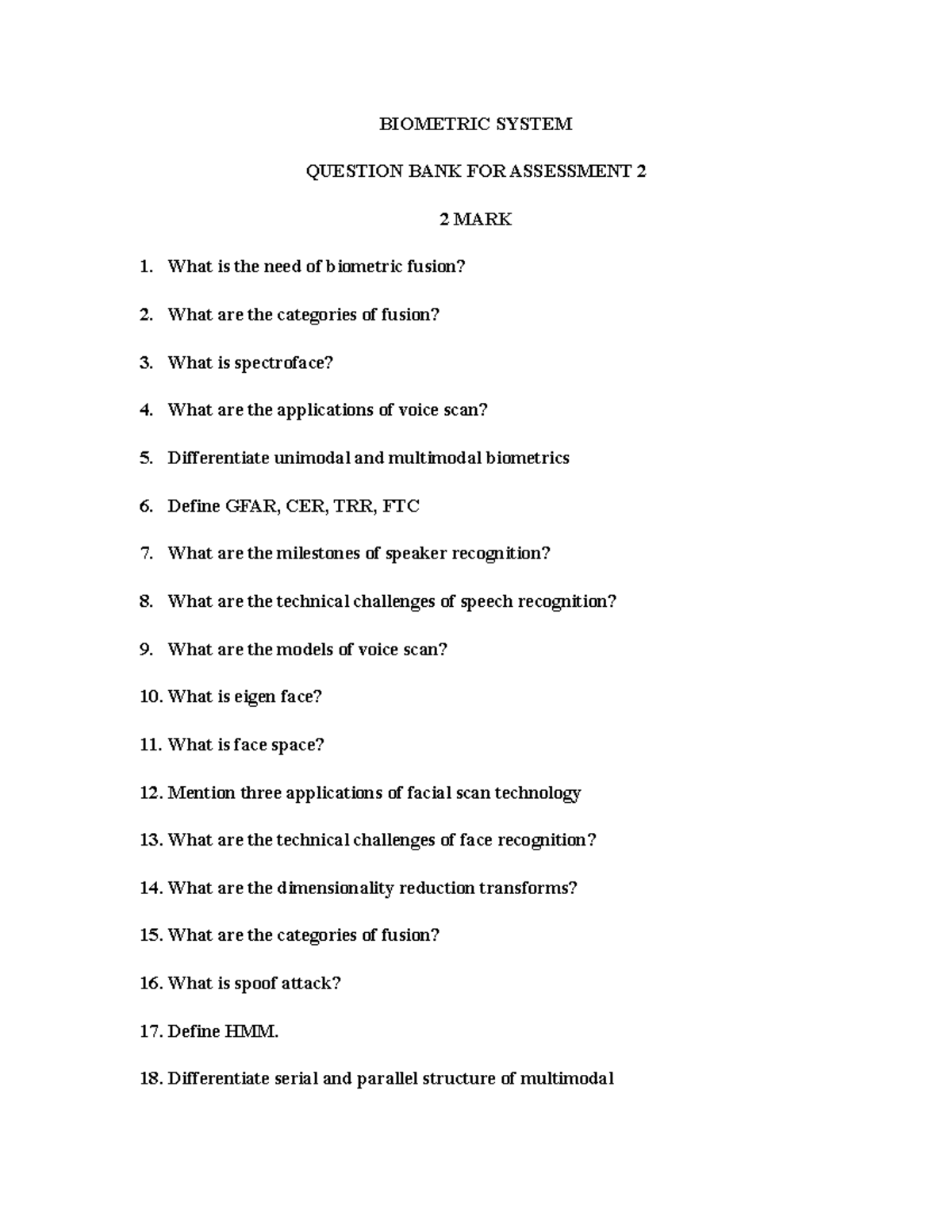 BMS QP2 - BMS - BIOMETRIC SYSTEM QUESTION BANK FOR ASSESSMENT 2 2 MARK ...