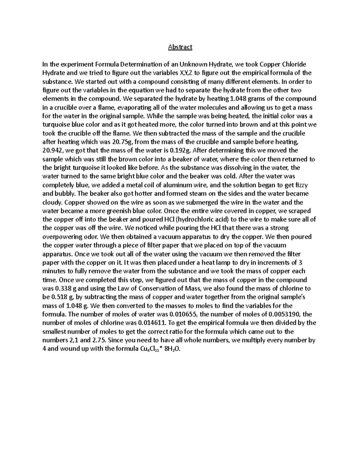 Abstract Formula Determination of an Unknown Hydrate - Abstract In the ...