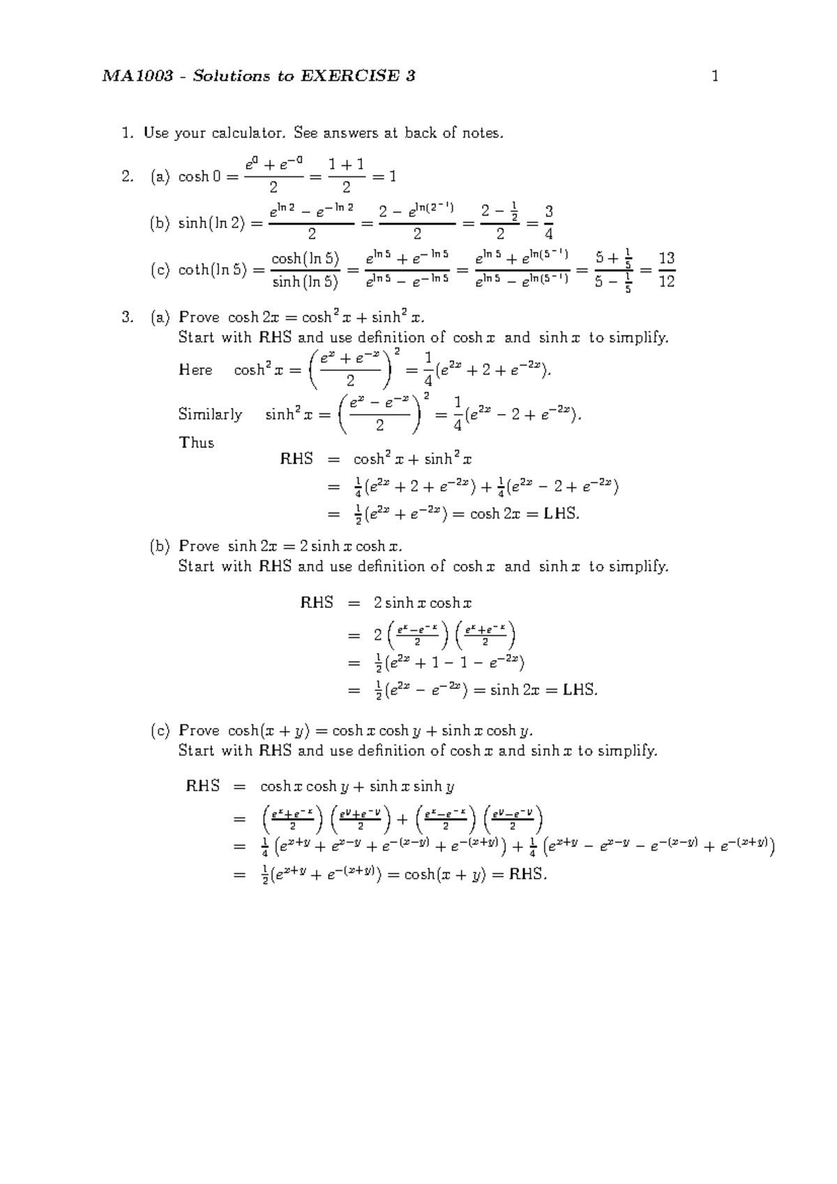 Exercise 3 Solutions - MA1003 - Solutions to EXERCISE 3 1 Use your ...