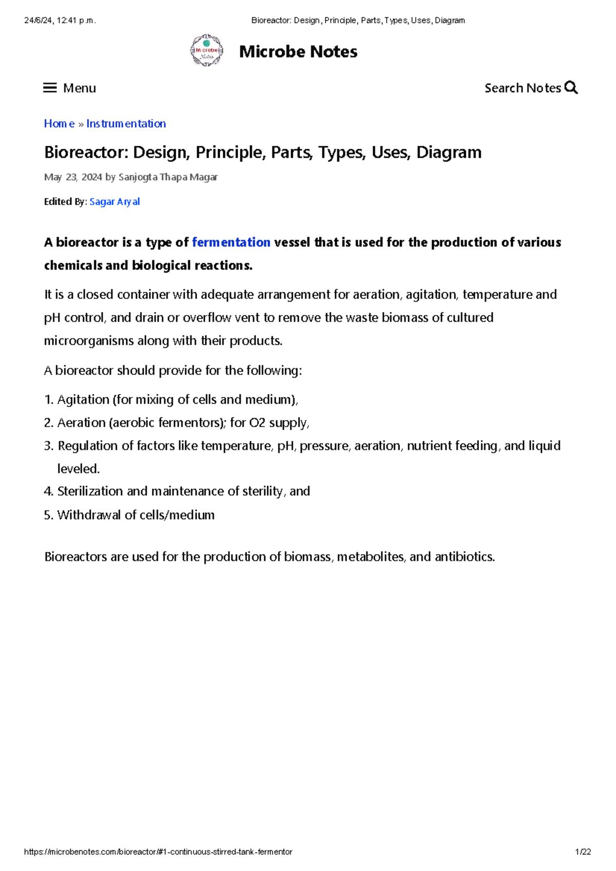Bioreactor Design, Principle, Parts, Types, Uses, Diagram - Home ...