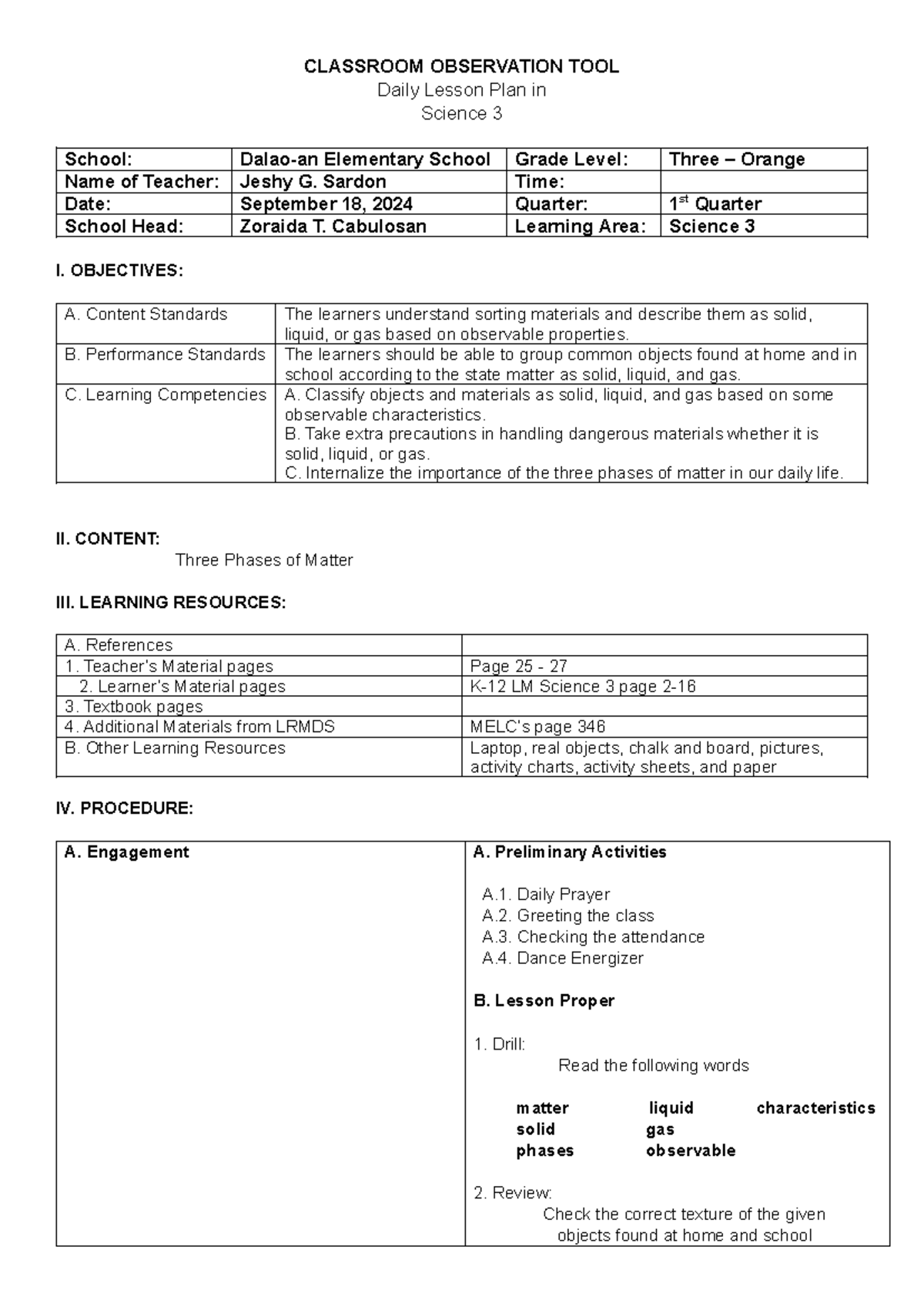 Classroom Observation TOOL (COT 1) 2024-2025 - CLASSROOM OBSERVATION ...