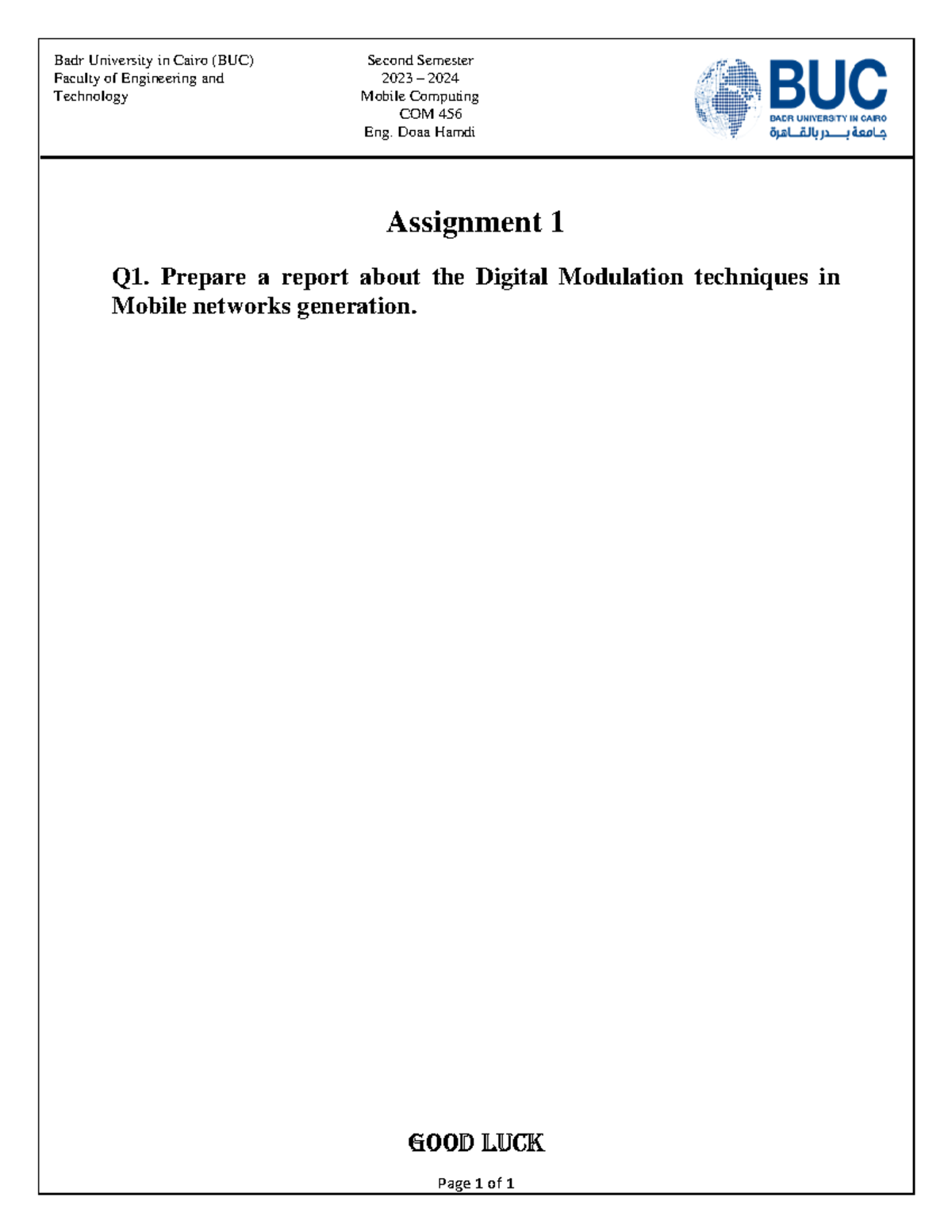 Assignment 1 - mobile - network - Badr University in Cairo (BUC) Faculty of Engineering and ...